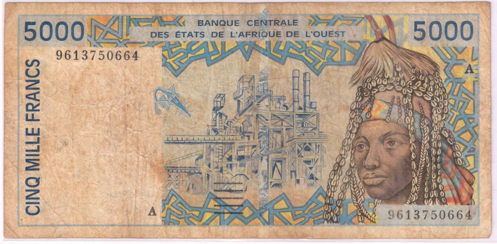 Ivory Coast - West African States ( A)- 5000 Francs VF currency note ...