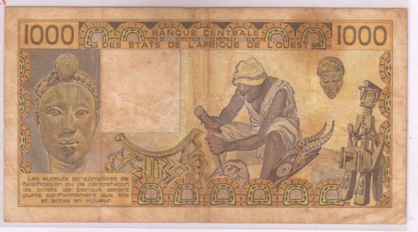 Ivory Coast - West African States - 1000 Francs 1985 used currency note ...