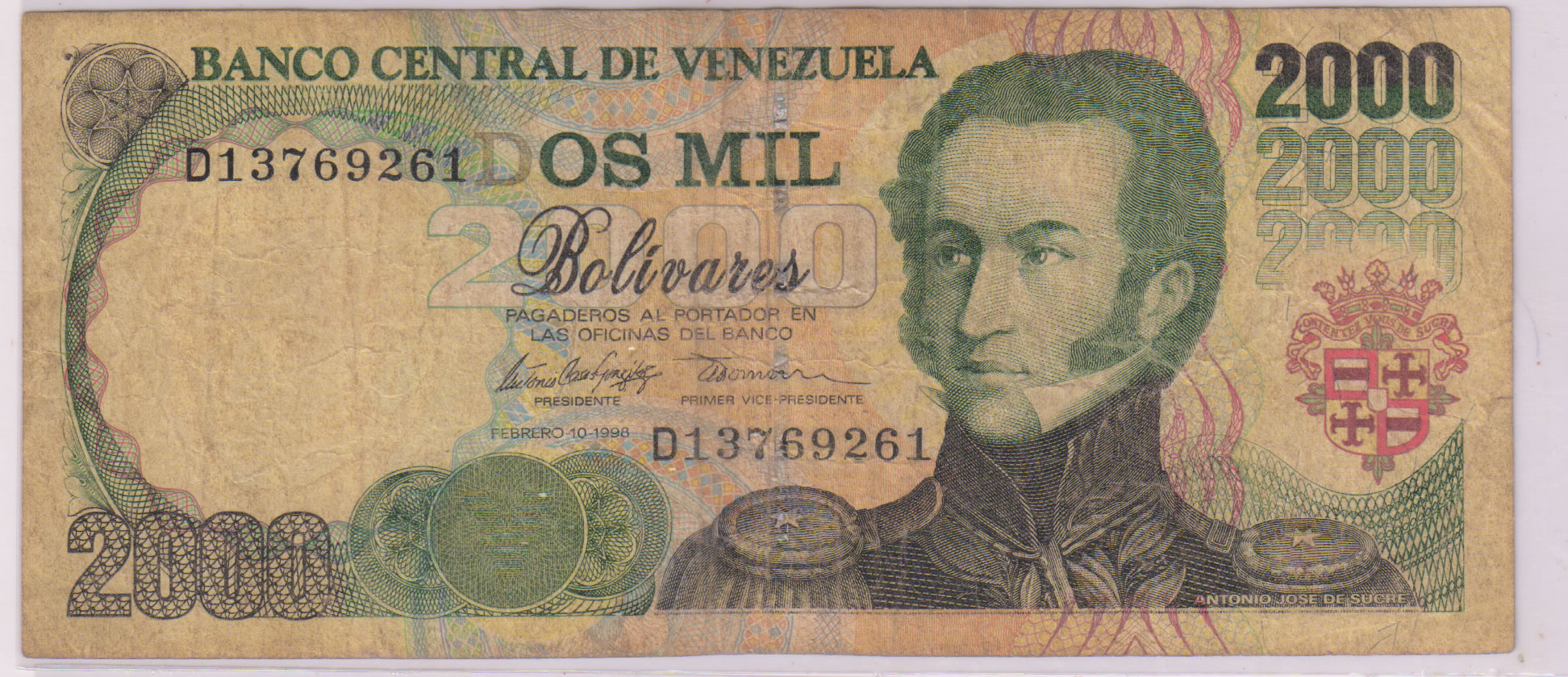Venezuela 2000 bolivars 1998 used currency note - KB Coins & Currencies