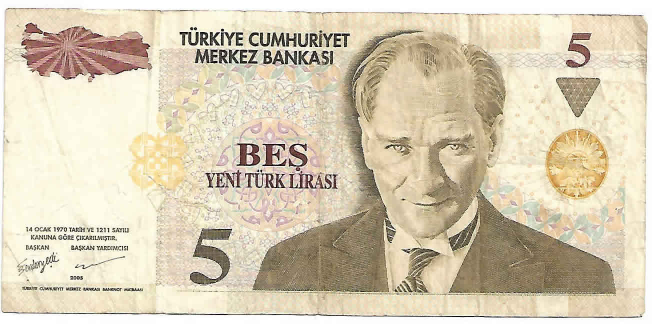 Turkey – 5 Lirasi 2005 used currency note - KB Coins & Currencies