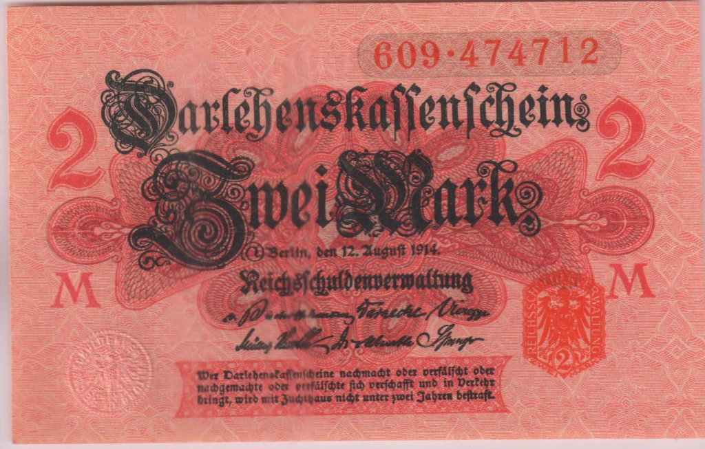 Germany - 2 Mark 1914 unc currency note - KB Coins & Currencies