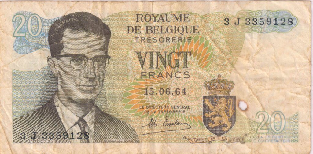 Belgium - 20 francs 1964 used currency note w/ hole - KB Coins & Currencies