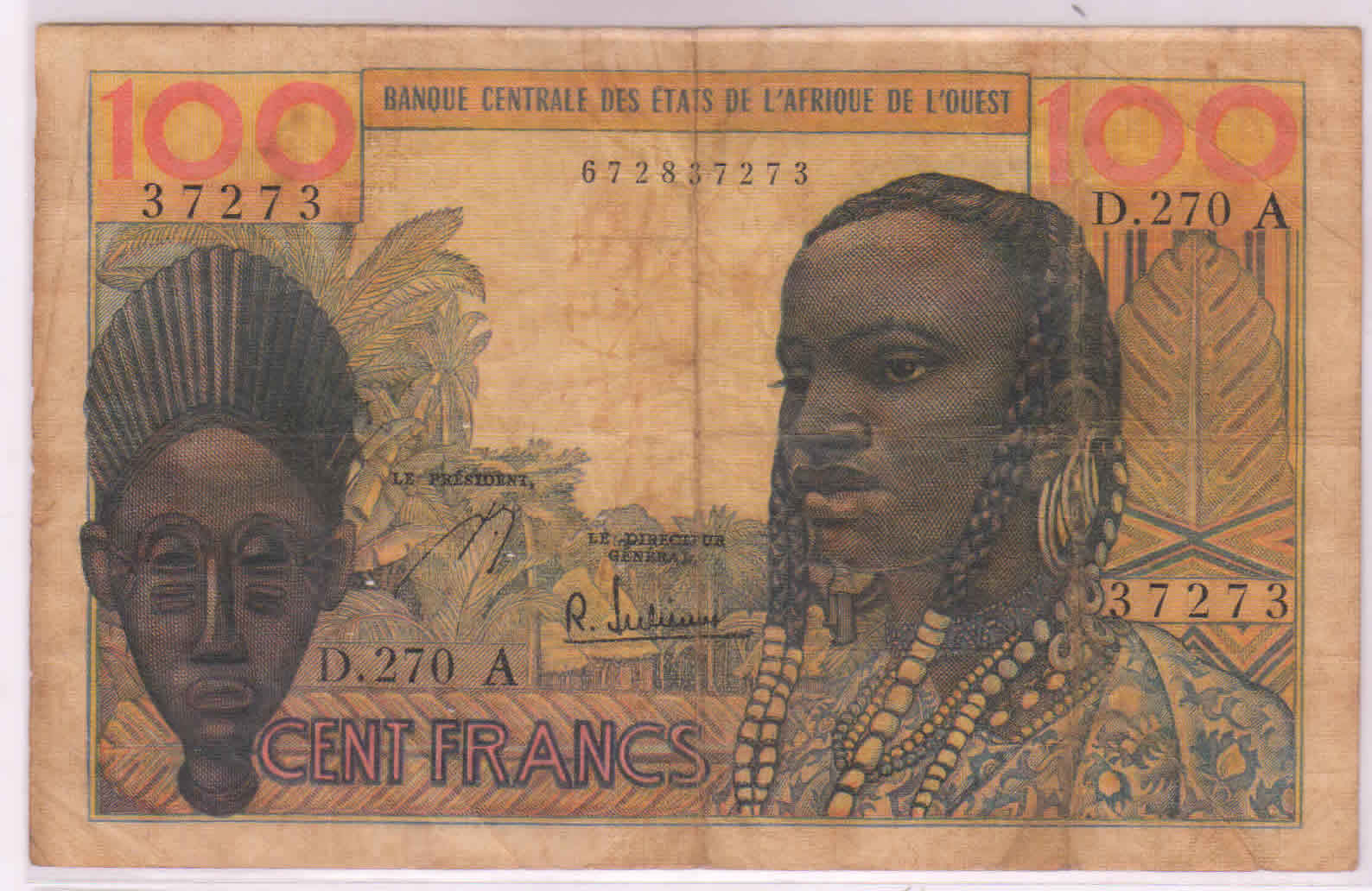West African States - Ivory Coast 100 Fr. 1959 , used currency note ...