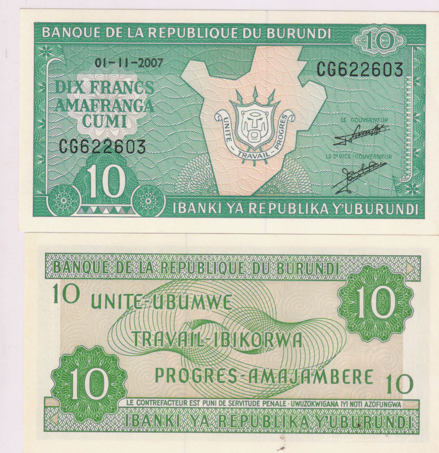 Burundi - 10 frs 2007 unc currency note - KB Coins & Currencies