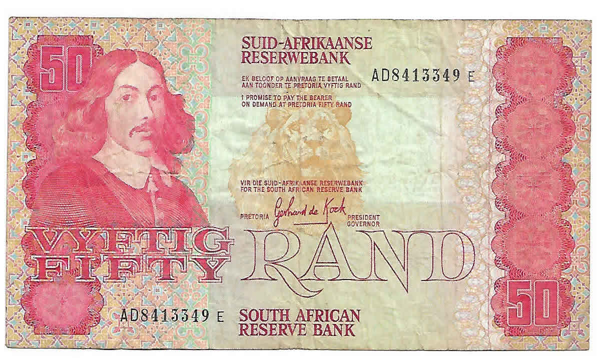 South Africa - 50 rand 1984 - 90 , used currency note , w/edge torn ...