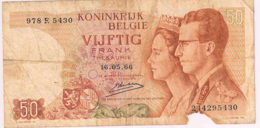 Belgium - 50 frank 1966 used currency / bottom edge missing - KB Coins ...