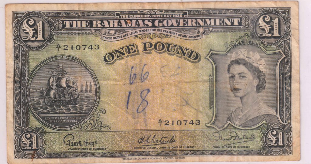 British Bahamas - 1 pound 1953 QE II scarce currency note - KB Coins ...