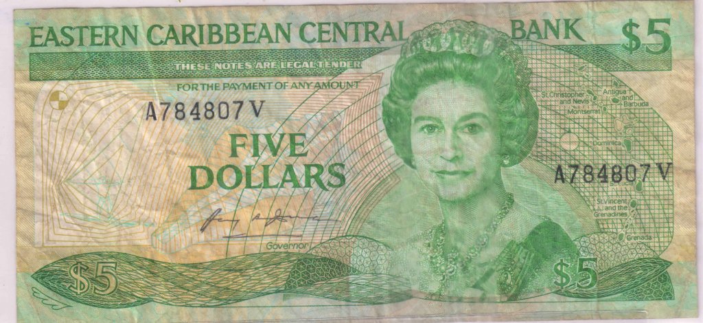 St. vincent ,East Caribbean - 5 dollars 1986 - 88 currency note - KB ...