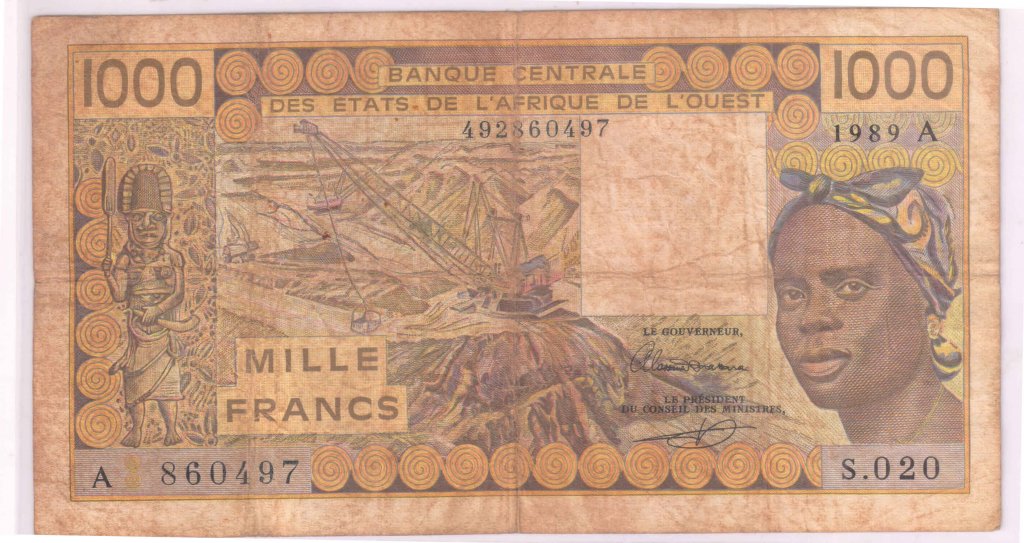 West African States – Ivory Coast A , 1000 Fr. 1989 , vf currency note ...