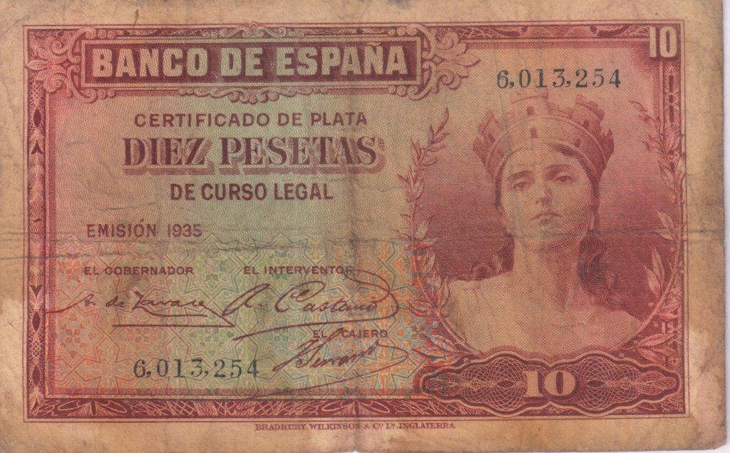 Spain - 10 Pesetas Silver Certificate 1935 vf - currency note - KB ...
