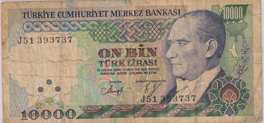 Turkey - 10000 Lira 1970 used currency note / hole - KB Coins & Currencies
