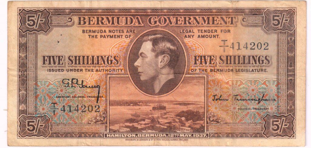 Bermuda - 5 shillings 1937 G VI vf currency note - KB Coins & Currencies
