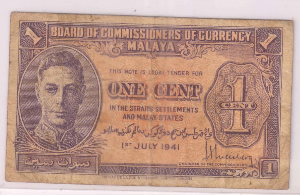 Malaya - 1 cents 1941 used currency note M1 - KB Coins & Currencies