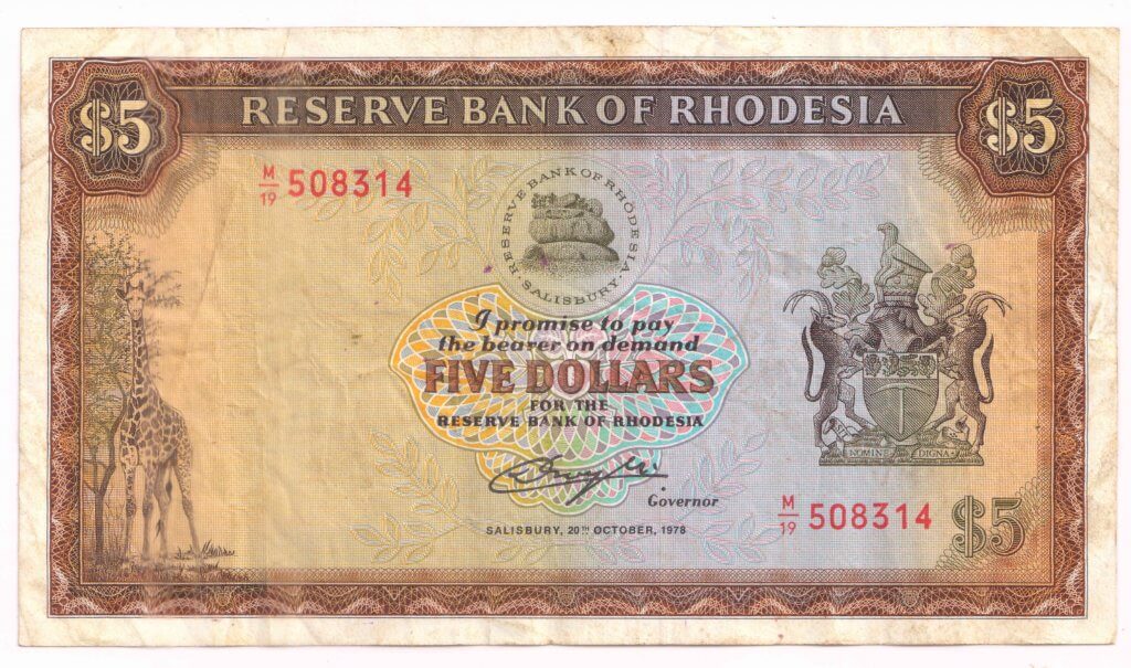 Rhodesia - 5 dollars 1978 vf currency note - KB Coins & Currencies