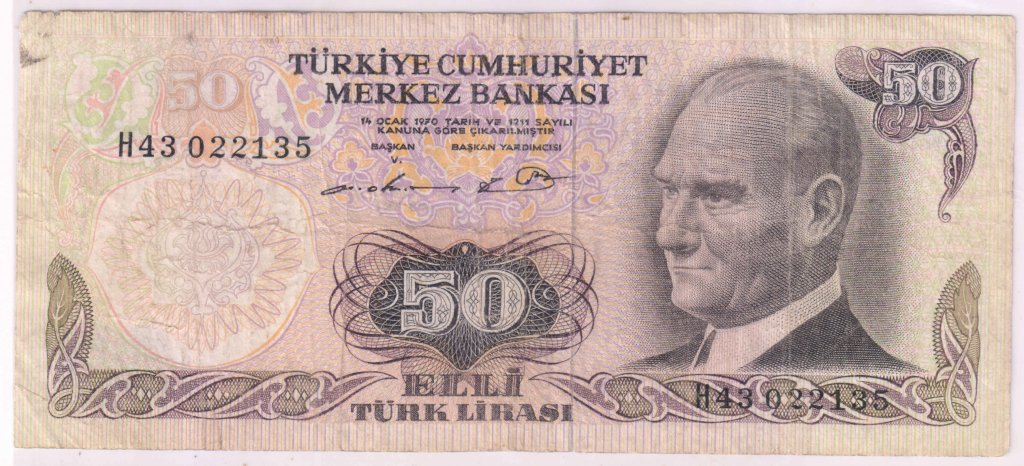 Turkey - 50 lirasi 1970 vf currency note - KB Coins & Currencies