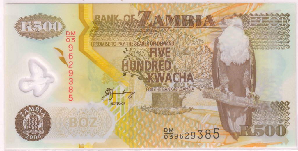 ZAMBIA - 500 kwacha 2008 polymer unc currency note - KB Coins & Currencies