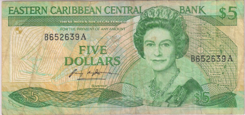 Antigua East Caribbean -5 dollar Vf currency note - KB Coins & Currencies