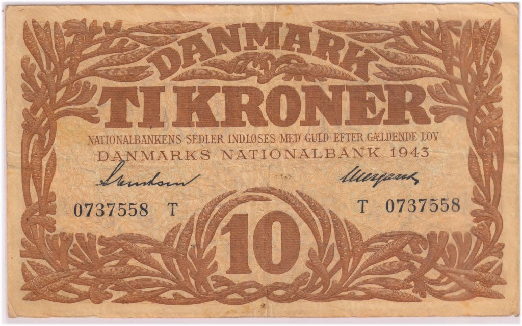 Denmark Kingdom - 10 Kroner Heilmann type III 1943 vf scarce currency ...