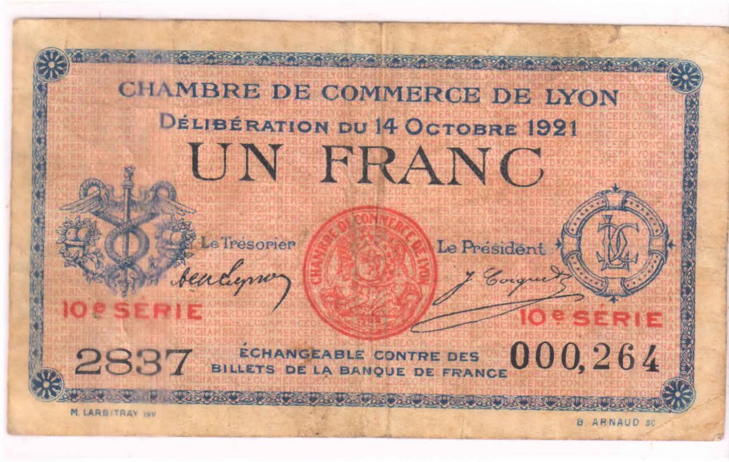 France , Chamber of commerce Lyon 1 franc 1916 used currency note - KB ...