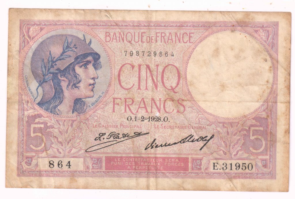 France - 5 francs 1928 vf currency note - KB Coins & Currencies