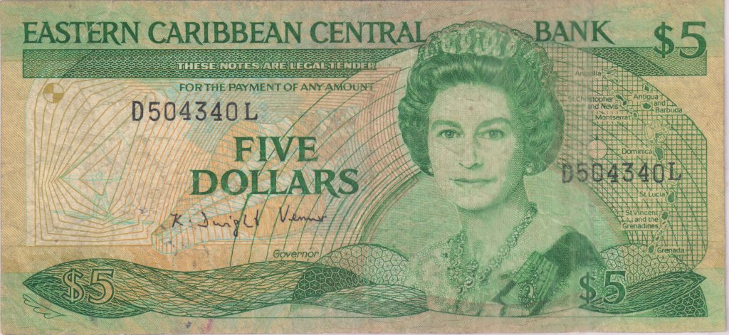Antigua East Caribbean -5 dollar Vf currency note - KB Coins & Currencies