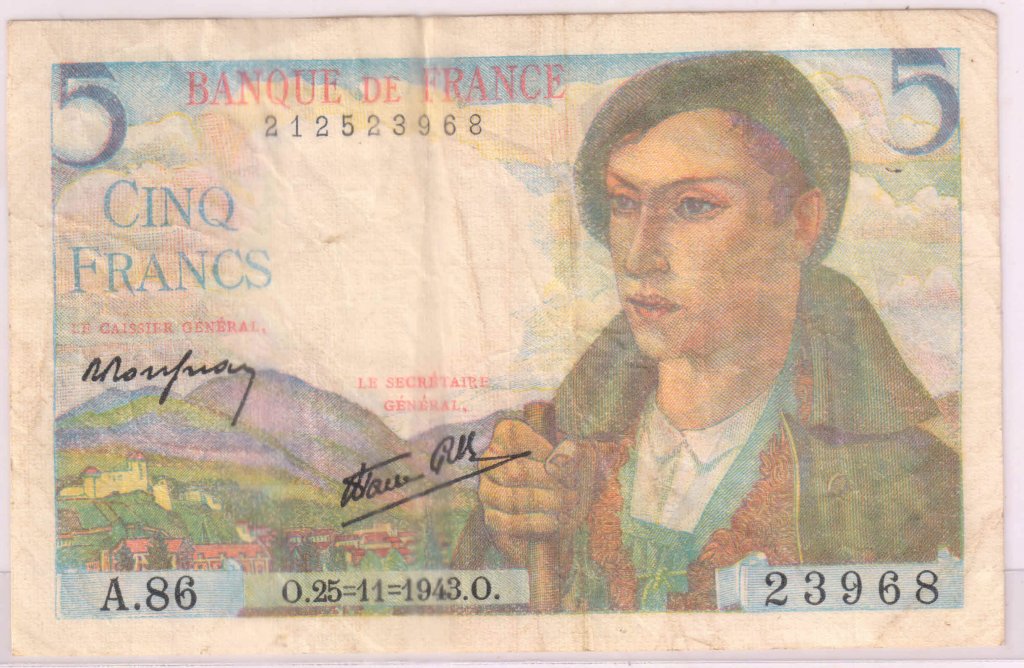 France - 5 francs 1943 vf currency note - KB Coins & Currencies
