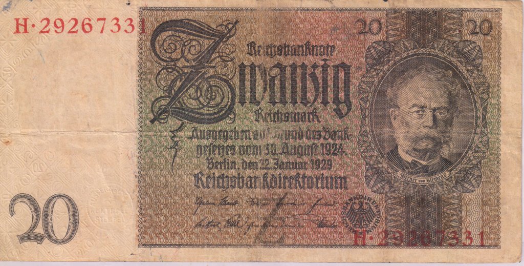 Germany 20 mark 1929 vf currency note - KB Coins & Currencies