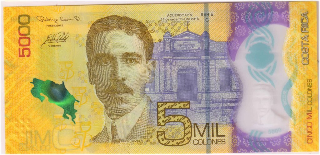 Costa Rica - 5 mils 2018 unc polymer currency note - KB Coins & Currencies