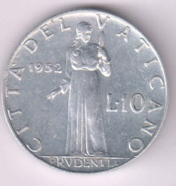 Vatican - 10 lira comm. issue 1952 vf alu. coin - KB Coins & Currencies
