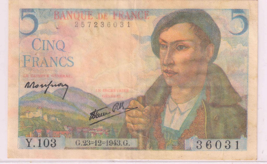 France - 5 francs 1943 vf currency note - KB Coins & Currencies