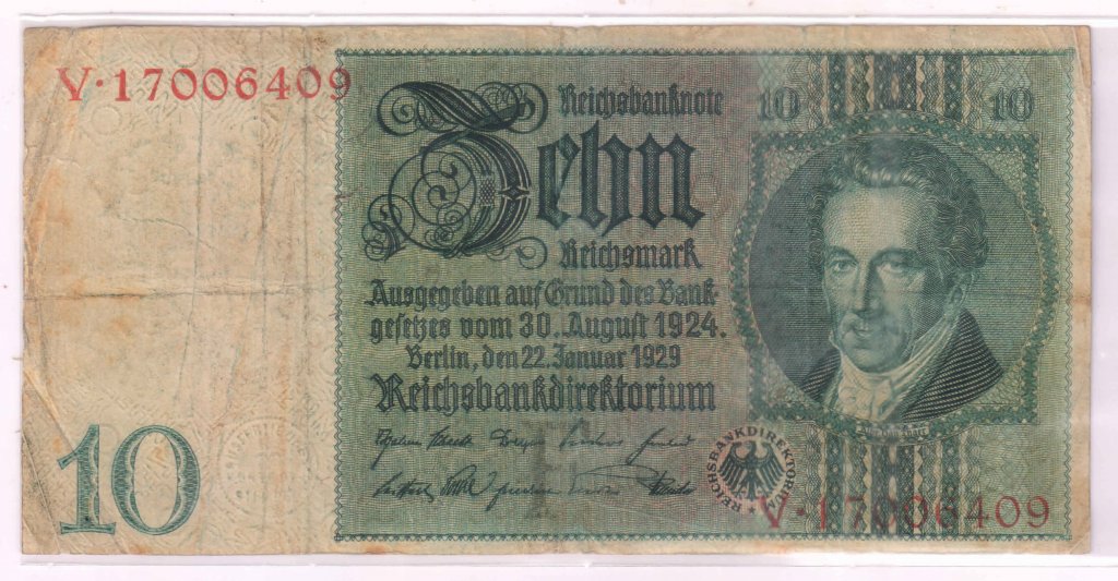 Germany - 10 reichsmark 1924 vf currency note - KB Coins & Currencies