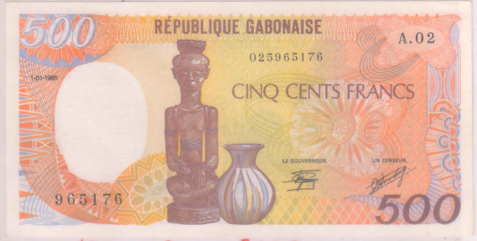 Gabon Republic - 500 francs , 1985 scarce unc currency note xxx - KB ...