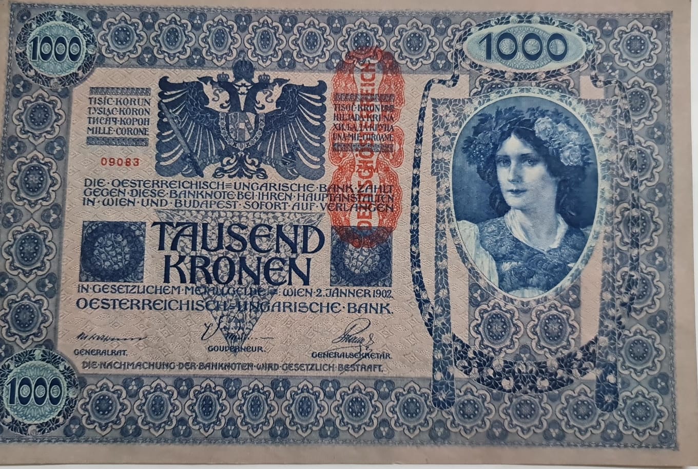 Republic of German Austria - 1000 kroner 1902/ 1919 unc currency note ...