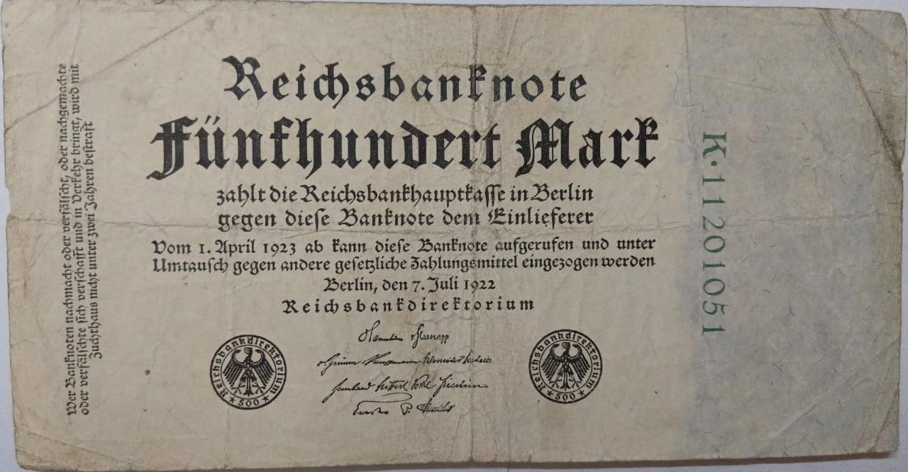 Germany - 500 Mark Reichsbanknote; 1922 2nd Issue currency note - KB ...