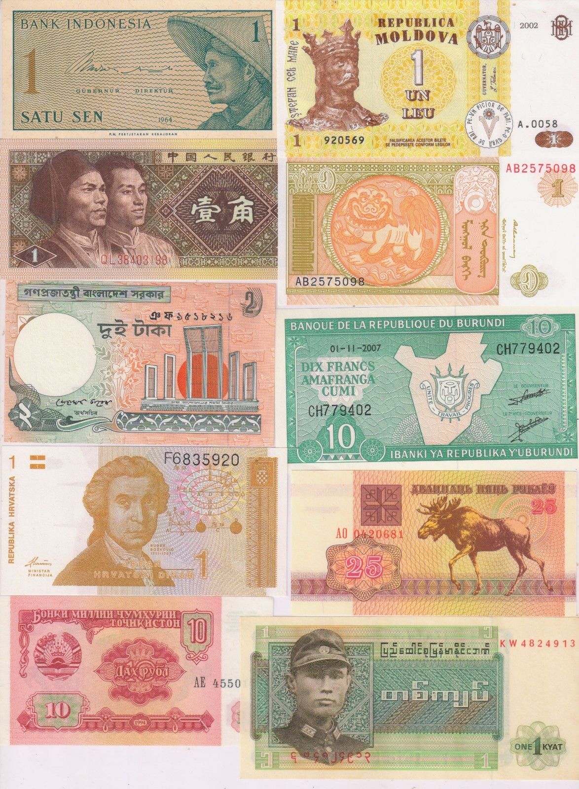World 10 Different Countries Currency Notes W 2 KB Coins Currencies