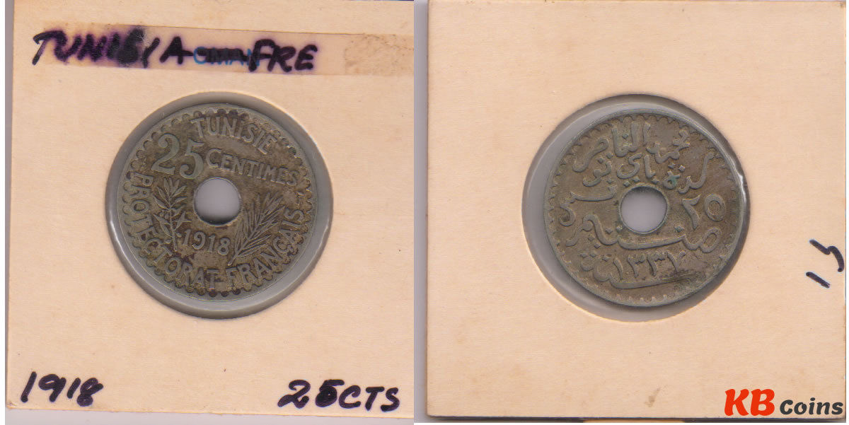 French Tunisia - 25 cmes 1918 holed coin - KB Coins & Currencies
