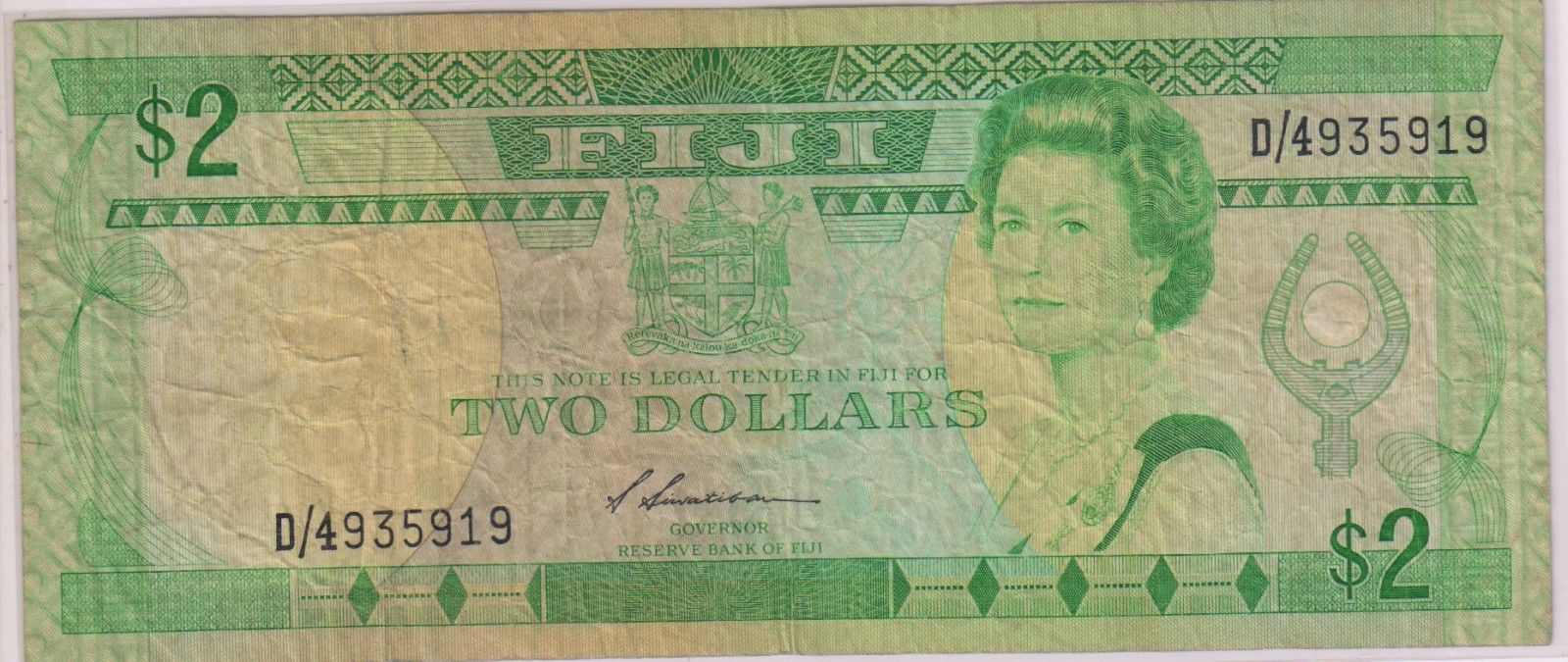 Fiji - 2 dollars 1988 used currency note - KB Coins & Currencies