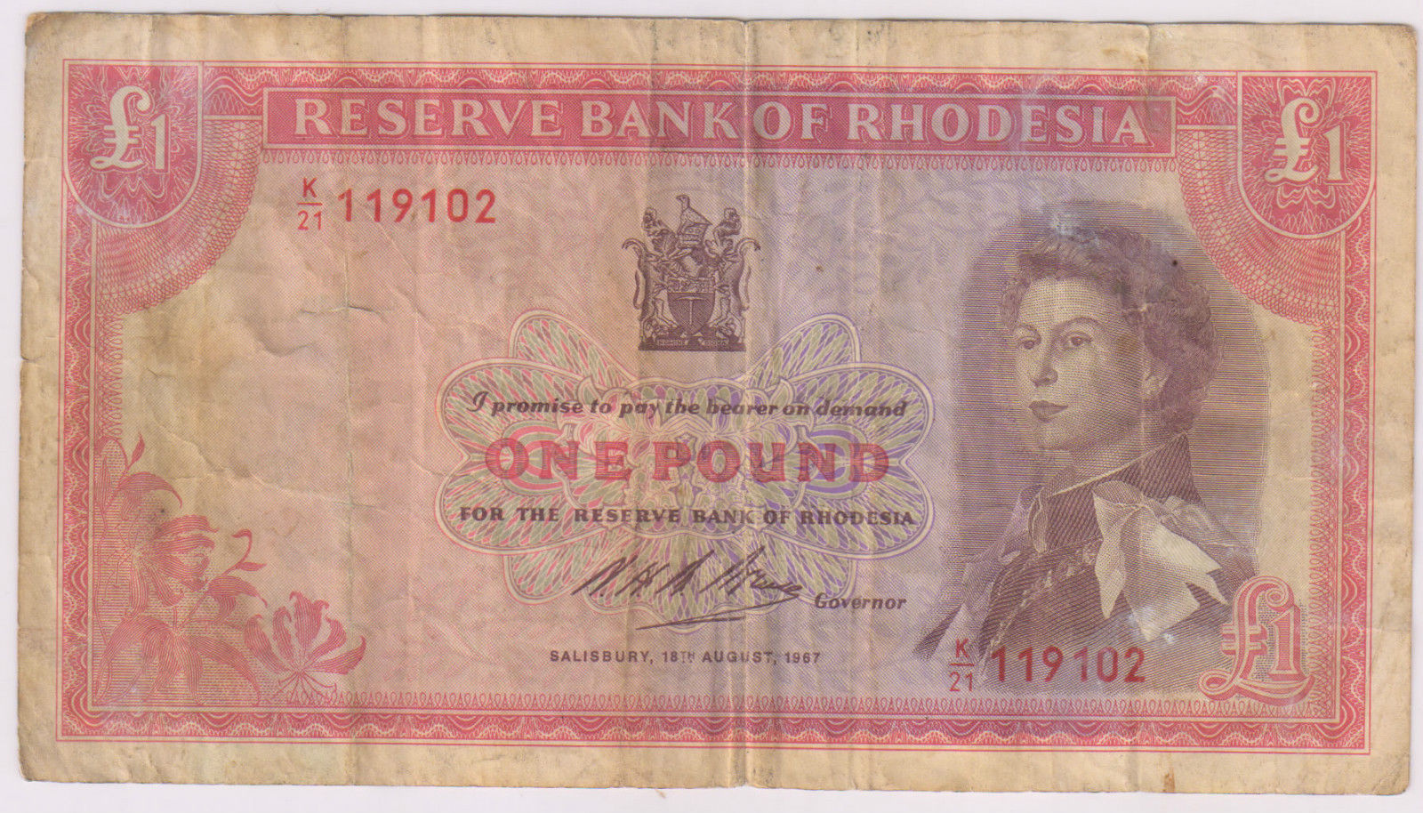 RHODESIA - one pound 1964 scarce currency note - KB Coins & Currencies