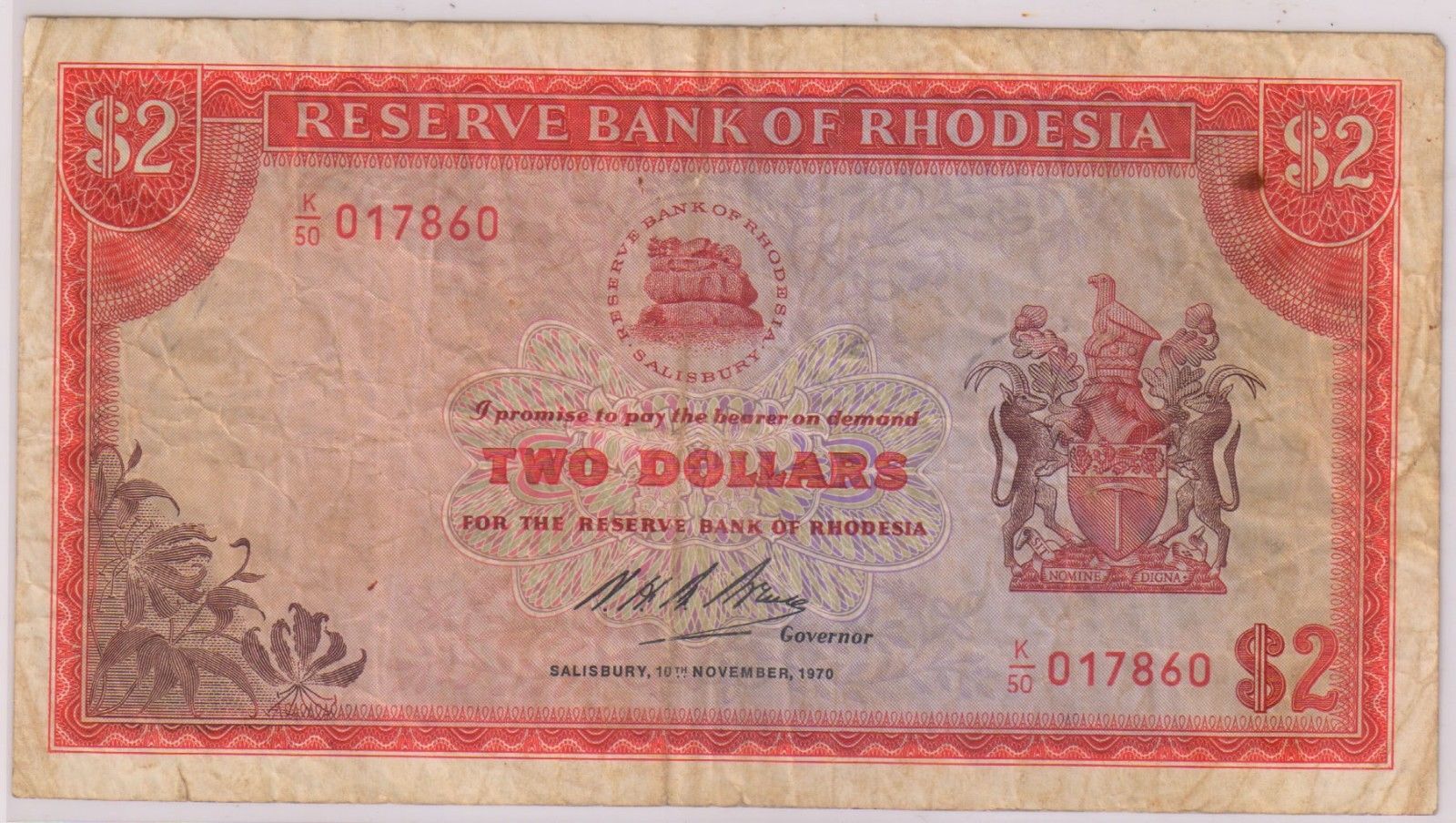 Rhodesia - 2 dollars 1970 used currency note K50 - KB Coins & Currencies