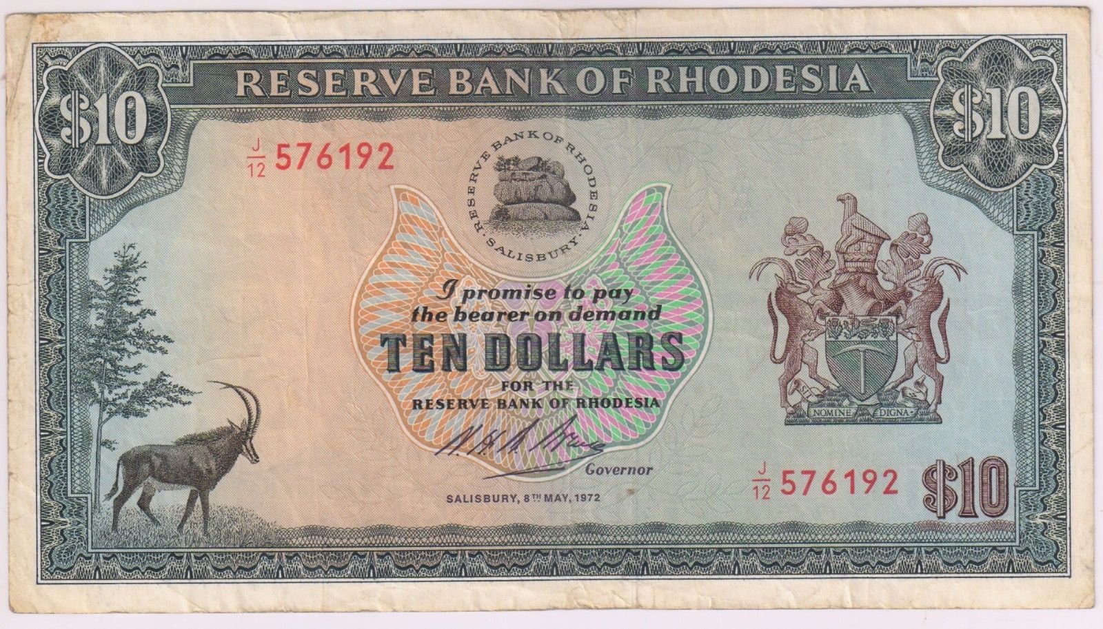 Rhodesia - 10 dollars 1972 used currency note - KB Coins & Currencies