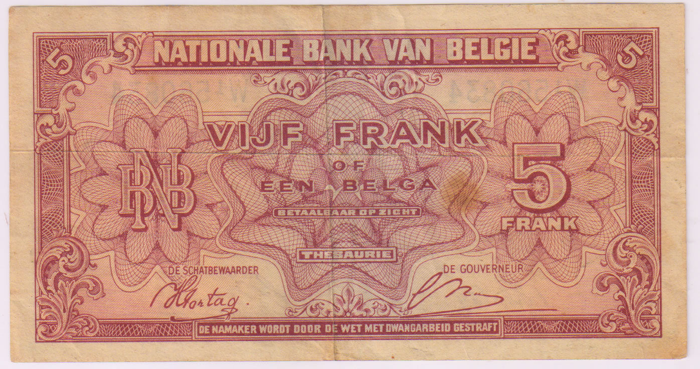 Belgium - 5 francs 1943 used currency note - KB Coins & Currencies