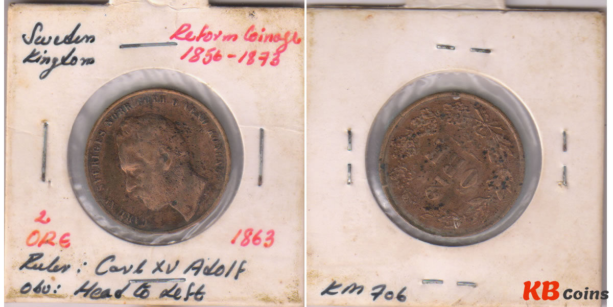weden Kingdom - 2 ore , Carl XV Adolf , 1863 , coin - KB Coins & Currencies
