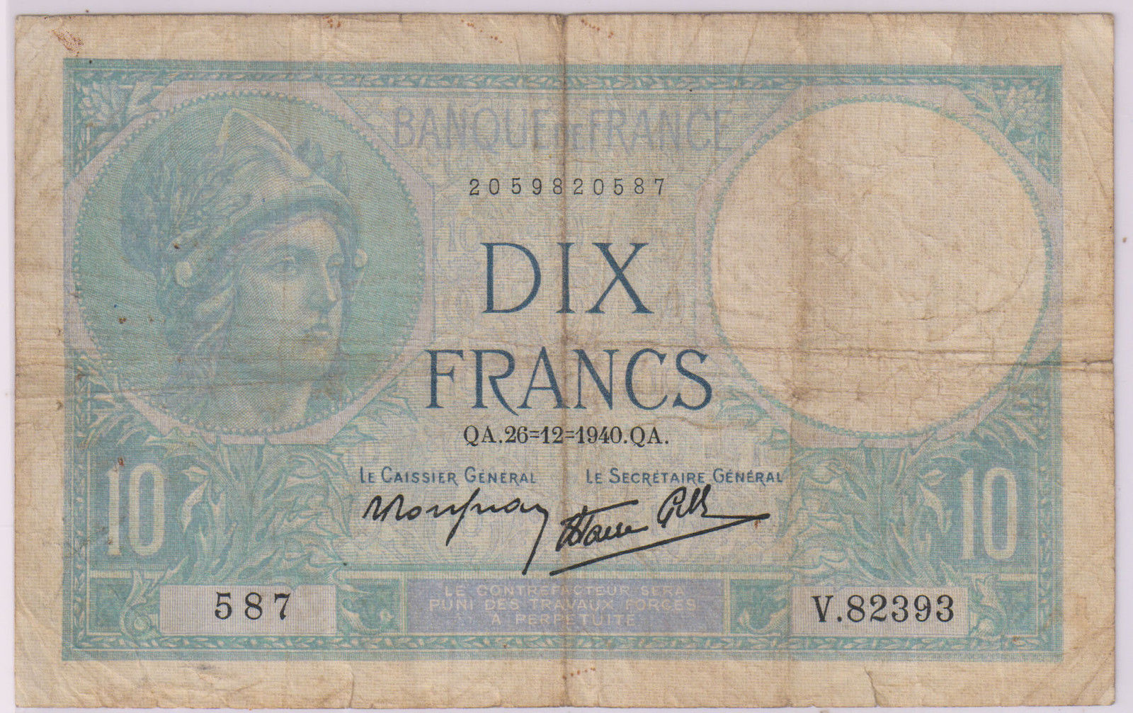 France - 10 francs 1940 used currency note - KB Coins & Currencies