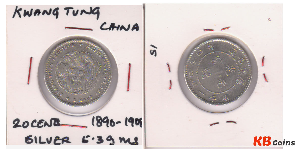 Kwangtung province / China - 20 cents 1890 - 1908 silver coin - KB Coins & Currencies