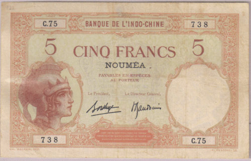 New Caledonia (Noumea) 5 Francs ND (1926) scarce currency note - KB ...