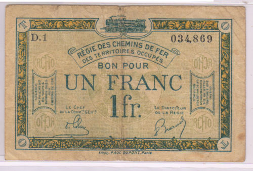 FRENCH OCCUPIED GERMAN TERRITORIES- 1 franc 1923 scarce currency note ...