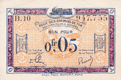 FRENCH OCCUPIED GERMAN TERRITORIES- 0.05 franc 1923 scarce currency ...