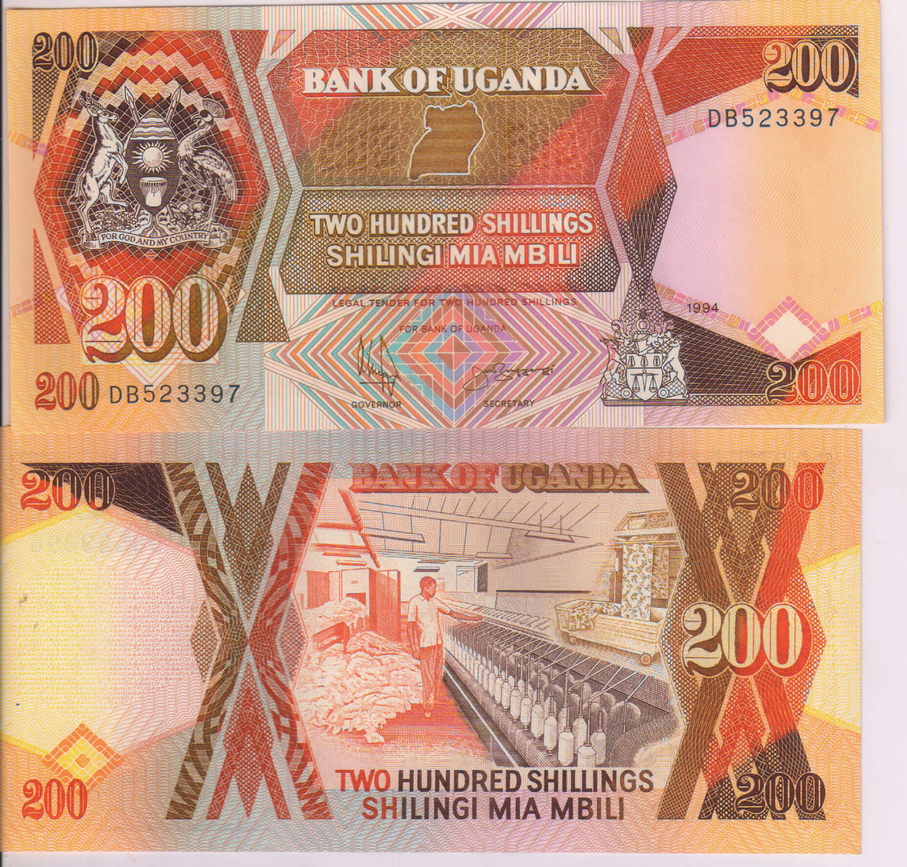 Uganda - 200 shillings 1994 unc currency note - KB Coins & Currencies