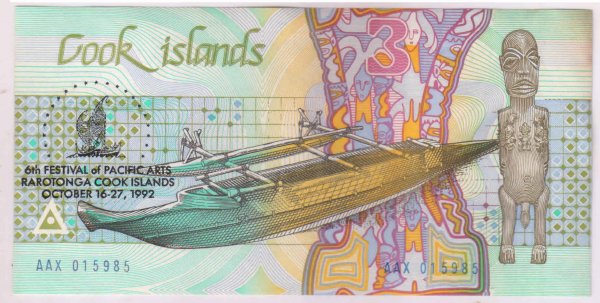 Cook Island - 3 dollars 1992 unc currency note w/ stain - KB Coins ...