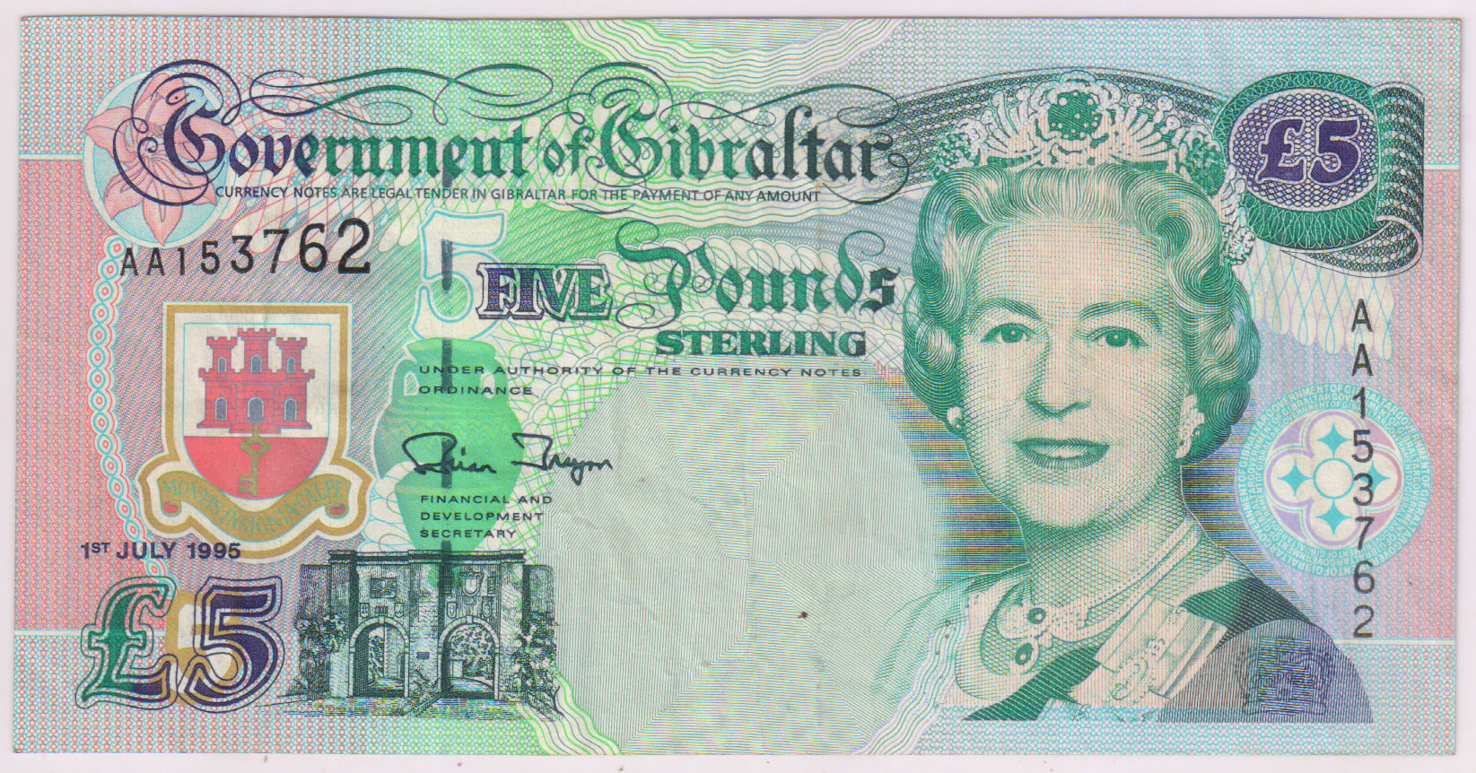 Gibraltar - 5 pound 1995 issue unc currency note - KB Coins & Currencies